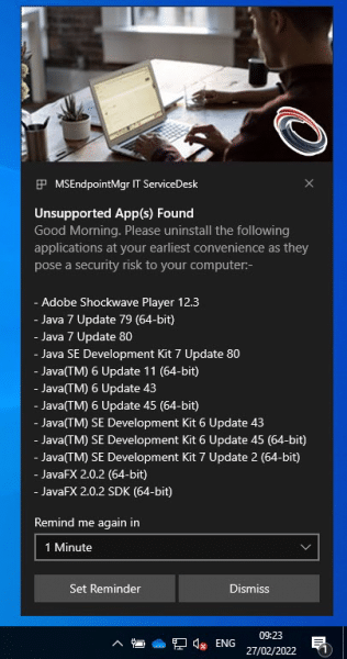 Use Proactive Remediations to pop a Toast Notification when Unsupported Apps are found ...